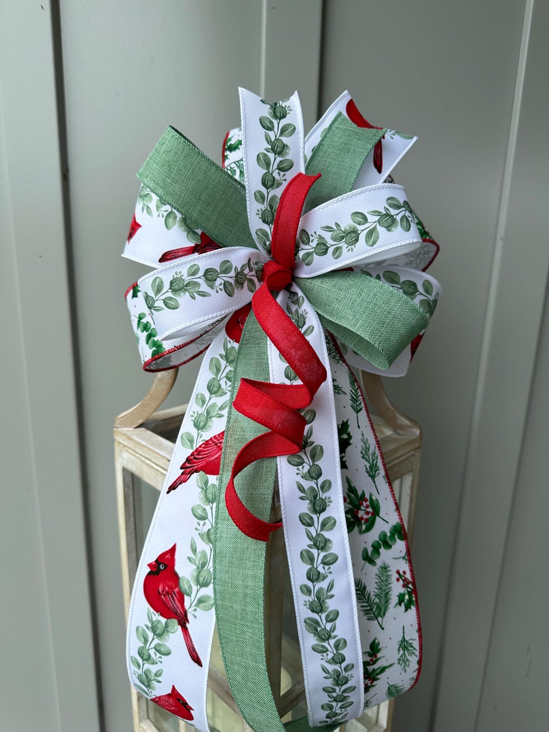 Cardinal Christmas Bow, Beautiful Sage Green Red and White Christmas ...