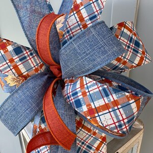 Fall Copper Maple Leaf Bow in Denim Blue Rust & Ivory, Plaid Bow for ...