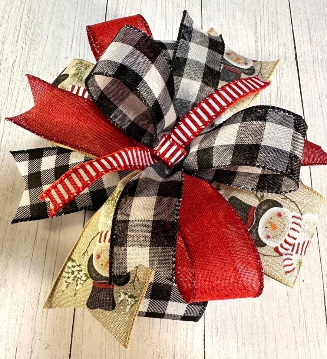 Buffalo Check Christmas Bow In Black White And Tan With Snowmen