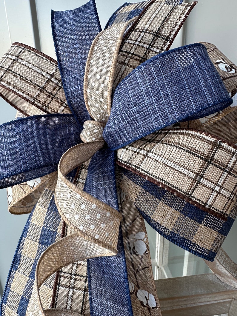 Blue & Tan Plaid Bow With Cotton Bolls for Wreaths Lanterns Swags ...
