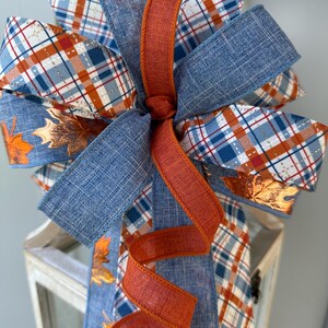 Fall Copper Maple Leaf Bow in Denim Blue Rust & Ivory, Plaid Bow for ...