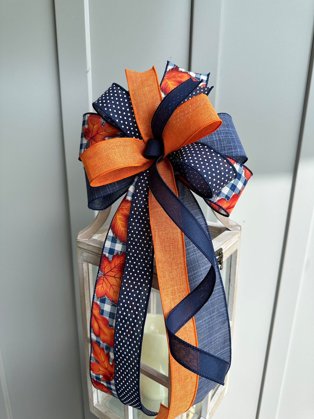 Fall Leaf and Plaid Bow in Navy Blue and Orange, Wreath Lantern Swag ...