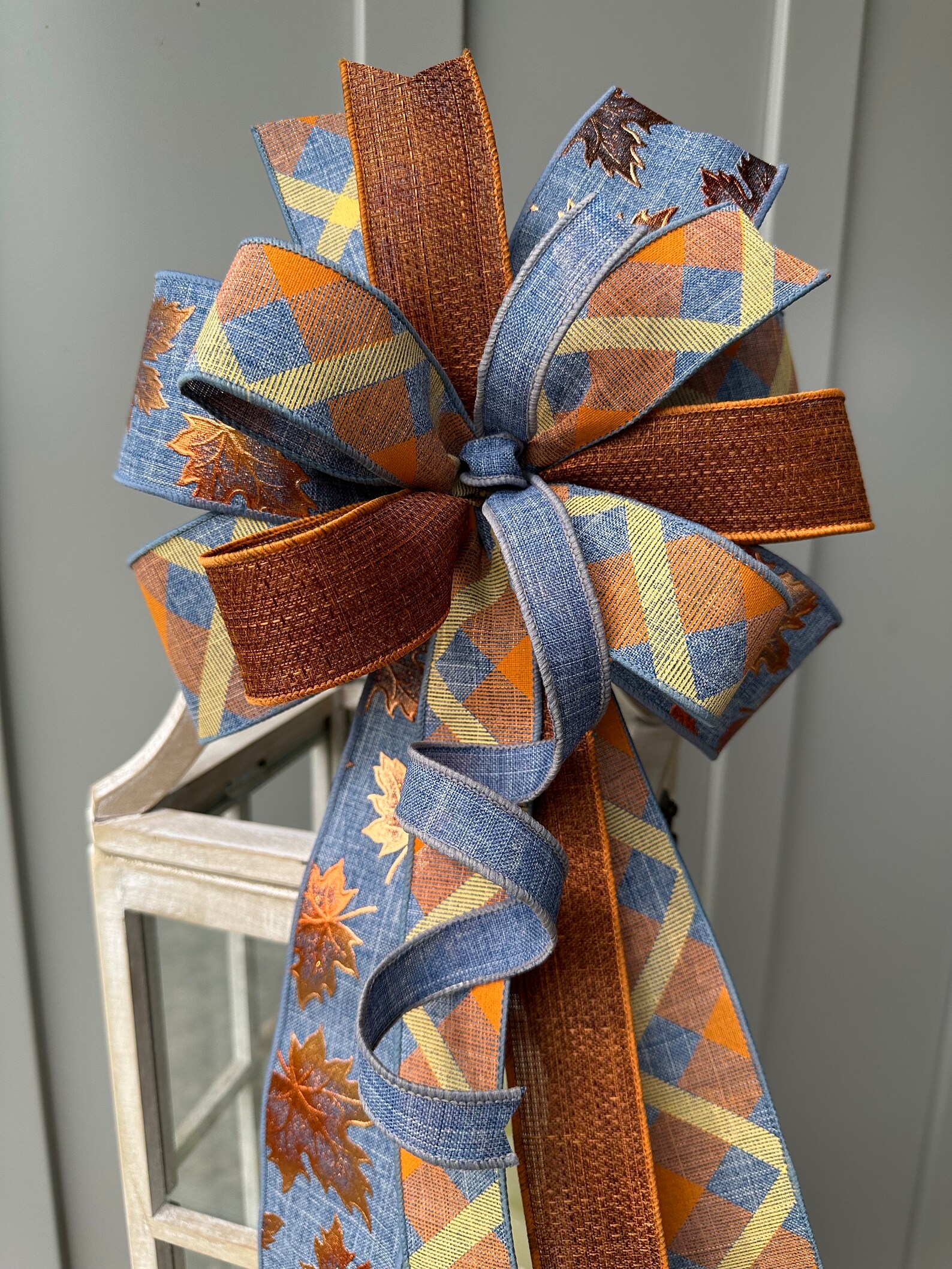 Fall Faded Denim Blue, Rust and Copper Metallic Maple Leaf Bow for ...