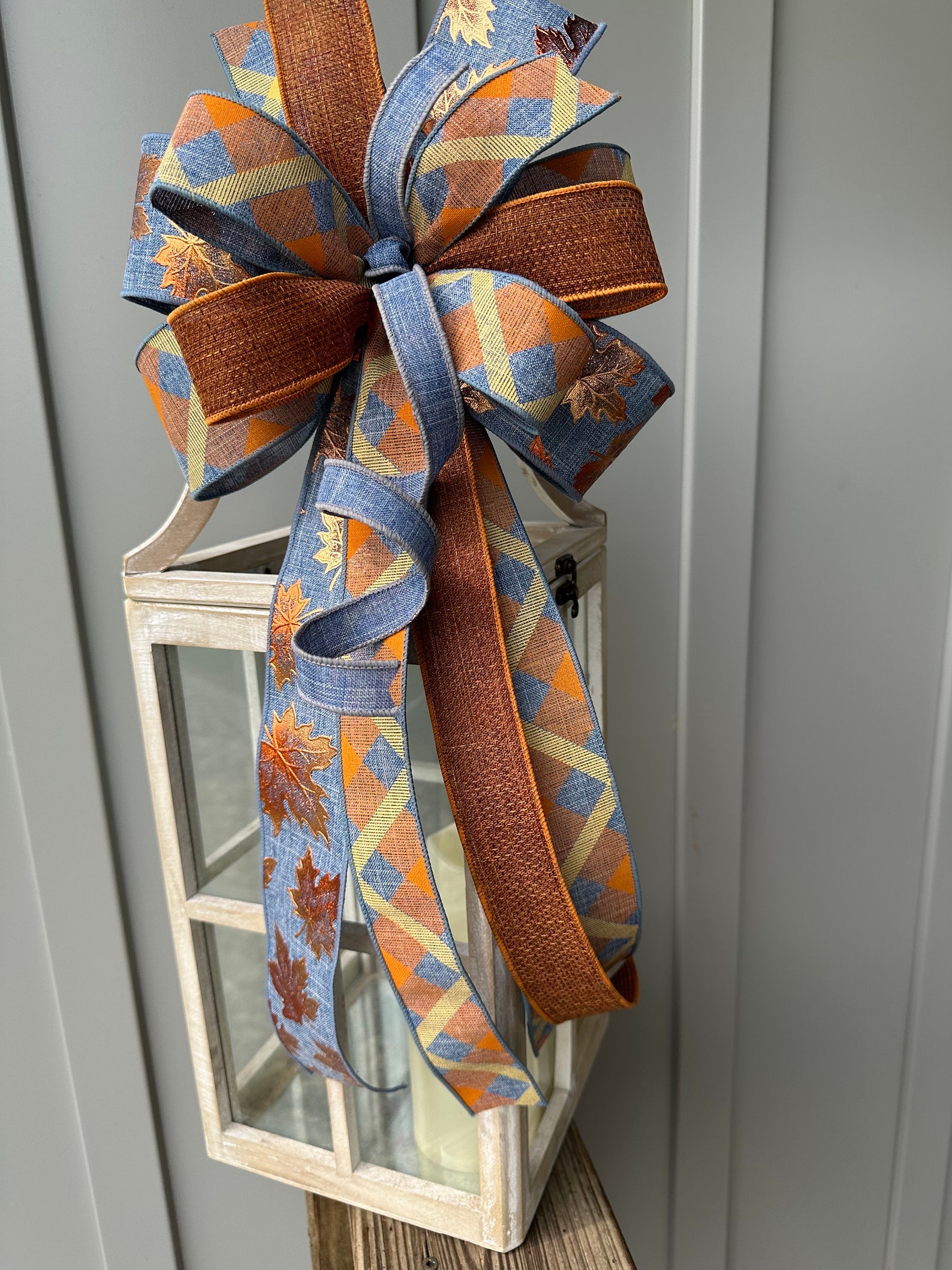 Fall Faded Denim Blue, Rust and Copper Metallic Maple Leaf Bow for ...