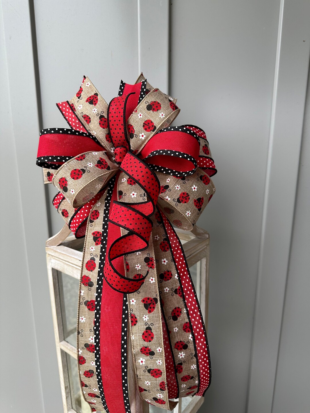 Lady Bug Bow, Red Black Tan & White Bow With Red Lady Bugs for Everyday ...