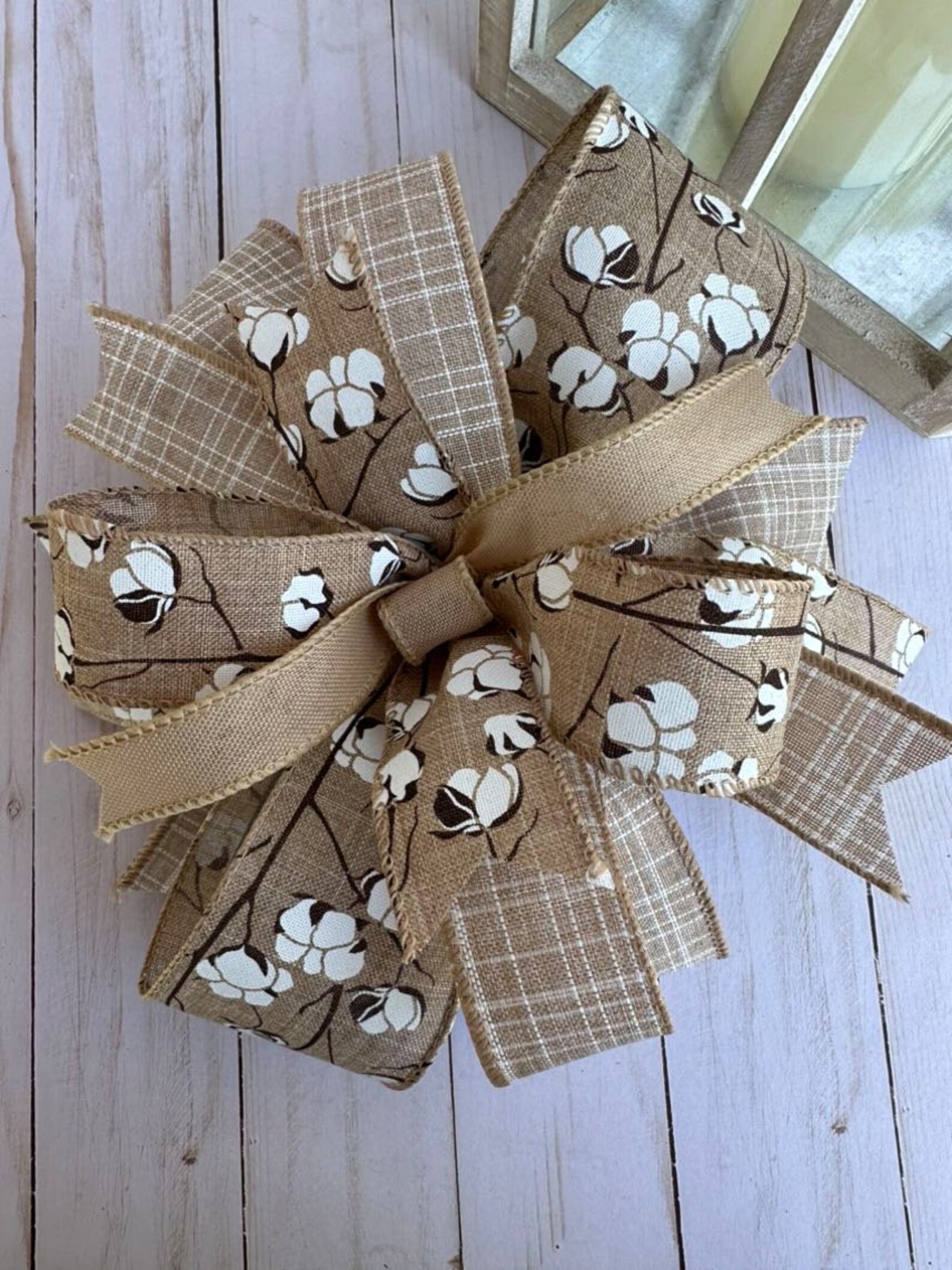 Cotton Boll Bow Country Farmhouse Bow Tan Brown & White Bow - Etsy