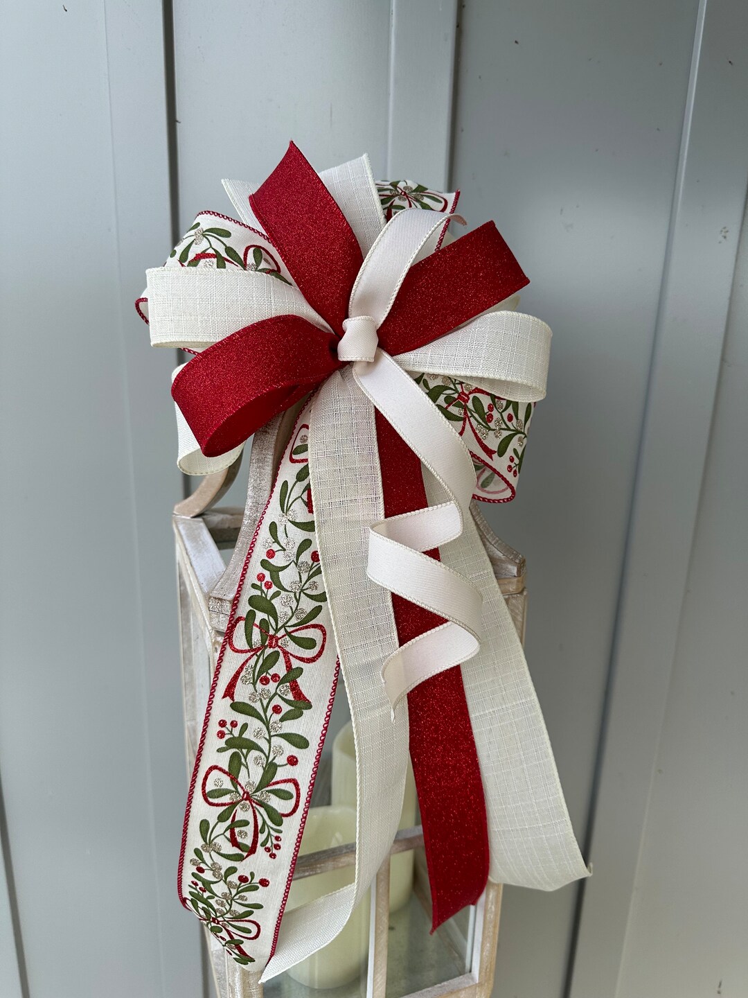 Red Metallic Christmas Bow: Ivory Mistletoe Holiday Decor - Etsy