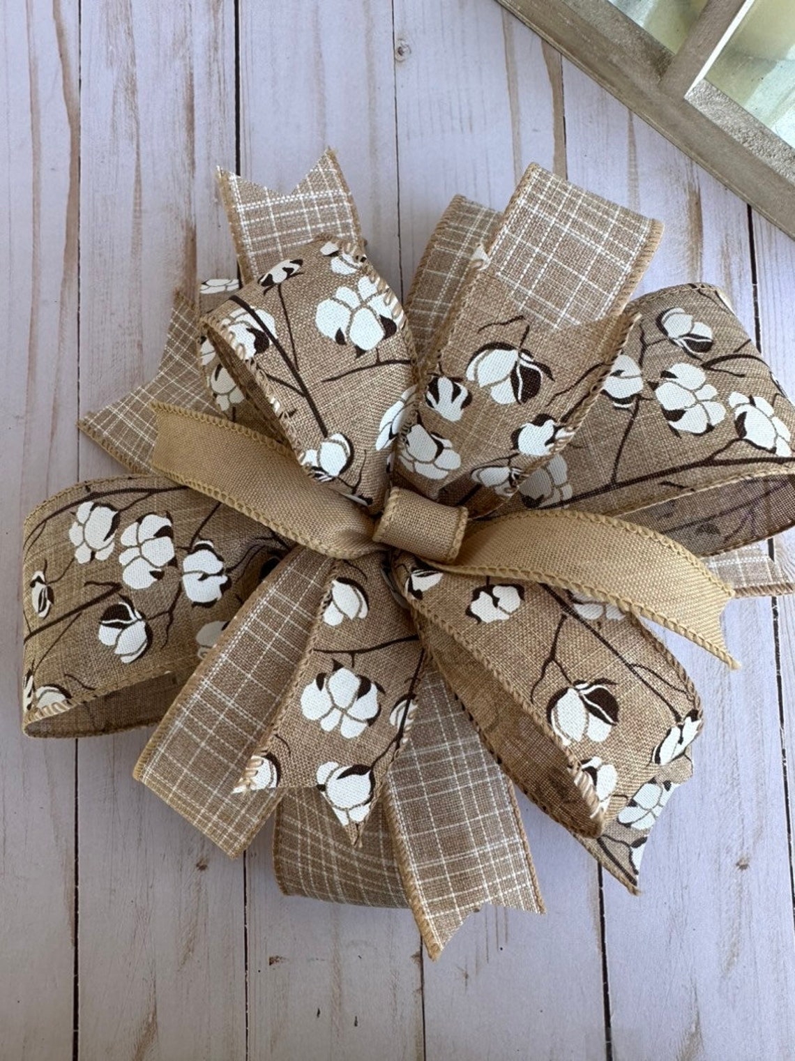 Cotton Boll Bow Country Farmhouse Bow Tan Brown & White Bow - Etsy