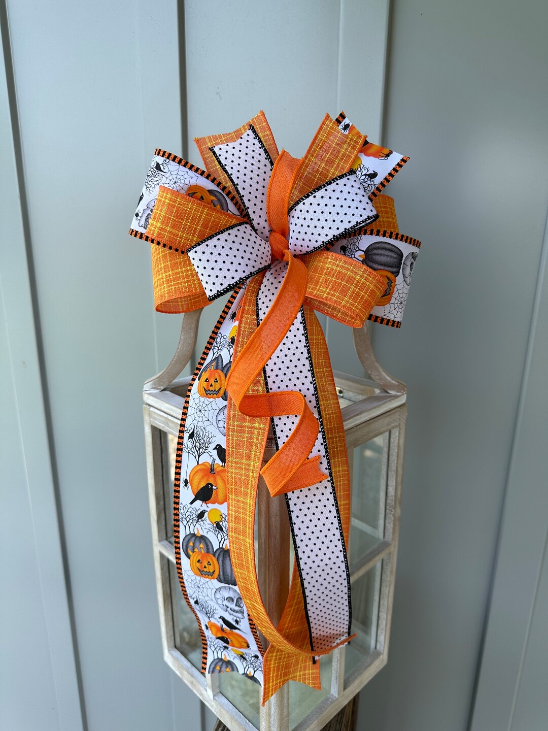 Halloween Bow, Pumpkin Crow and Skull Bow, Bright Orange Halloween ...