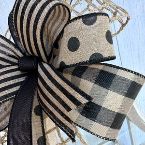 Black and Tan Wreath or Lantern Bow, Farmhouse Neutral Bow, Open Weave ...
