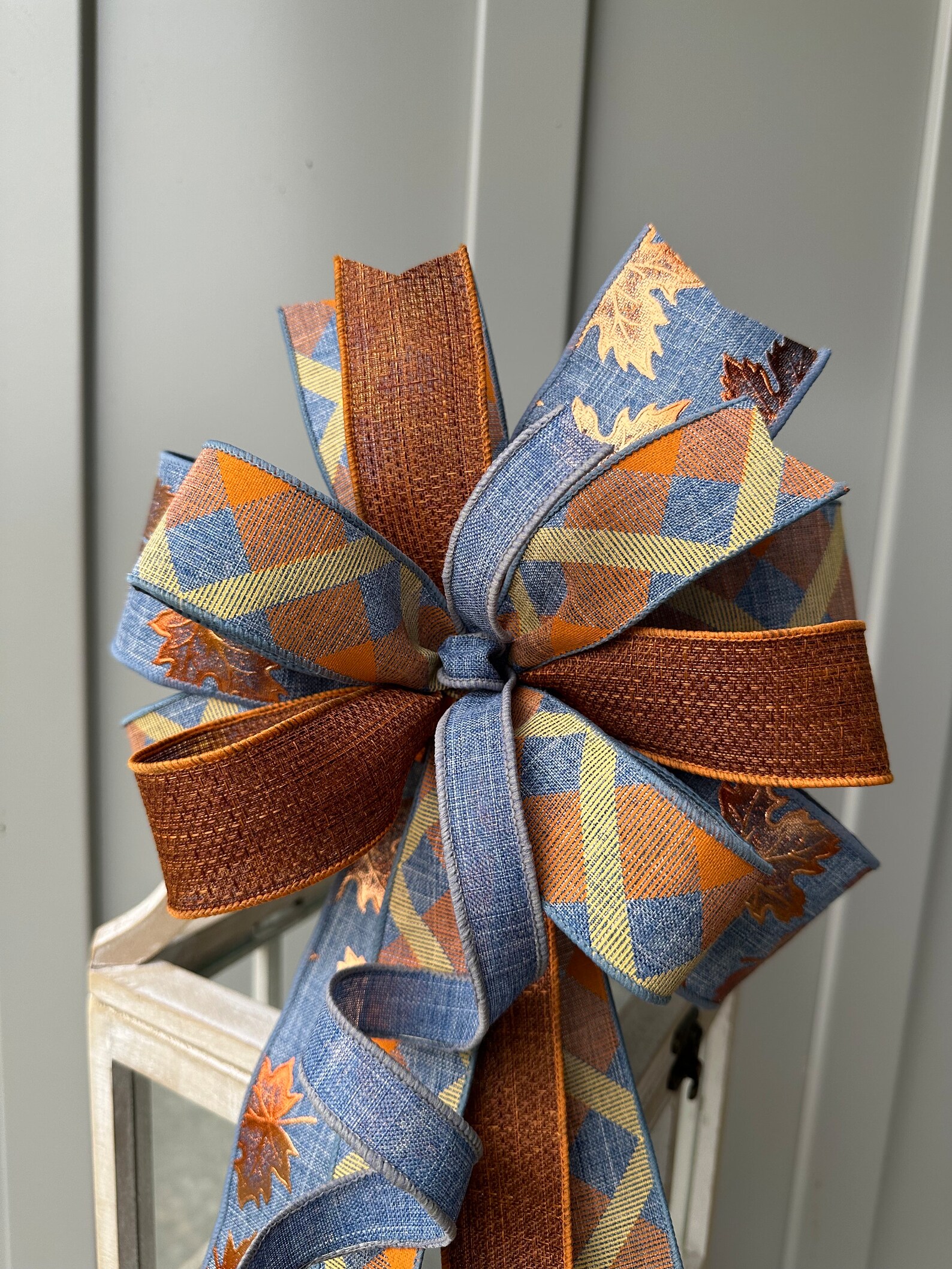 Fall Faded Denim Blue, Rust and Copper Metallic Maple Leaf Bow for ...