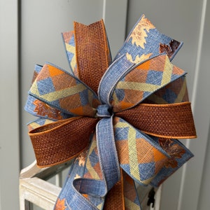 Fall Faded Denim Blue, Rust and Copper Metallic Maple Leaf Bow for ...