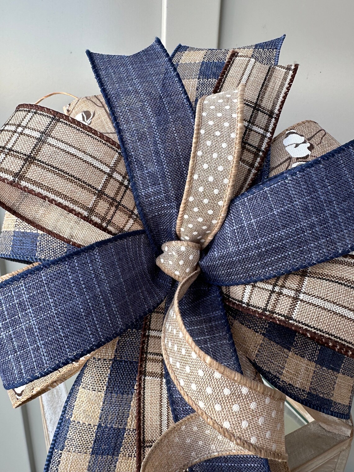 Blue & Tan Plaid Bow With Cotton Bolls for Wreaths Lanterns Swags ...