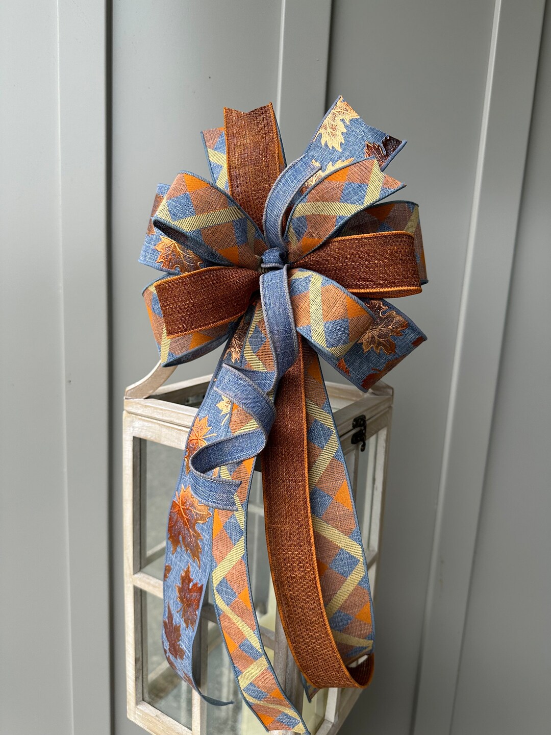 Fall Faded Denim Blue, Rust and Copper Metallic Maple Leaf Bow for ...