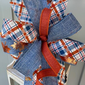 Fall Copper Maple Leaf Bow in Denim Blue Rust & Ivory, Plaid Bow for ...