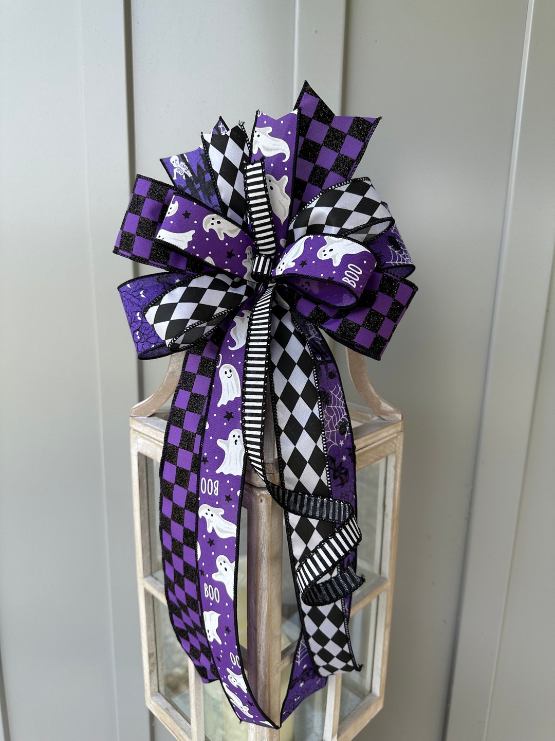 Halloween Ghost Bow, Sparkly Purple Black and White Bow, Skeleton ...