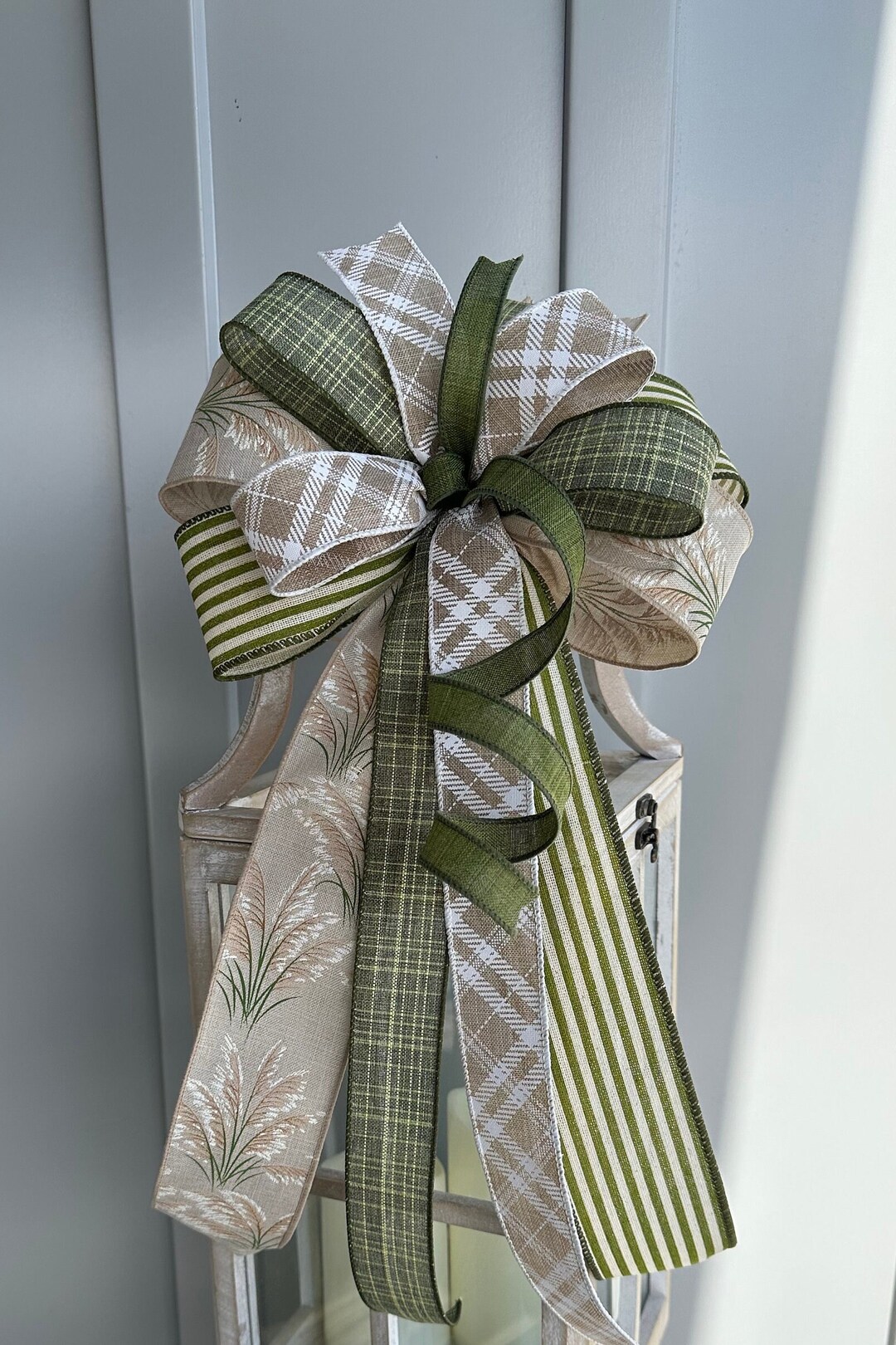 Everyday Neutral Tan Plaid Bow, Pampas Grass Bow, Moss Green Cream ...