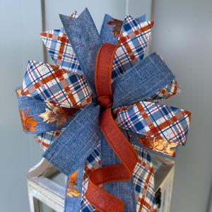 Fall Copper Maple Leaf Bow in Denim Blue Rust & Ivory, Plaid Bow for ...