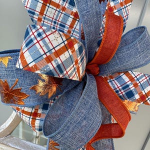 Fall Copper Maple Leaf Bow in Denim Blue Rust & Ivory, Plaid Bow for ...