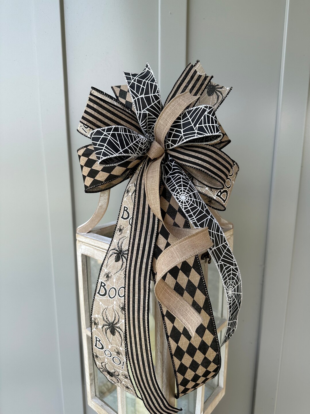 Halloween Bow, Spider and Web Bow, Neutral Tan Black & White Halloween ...