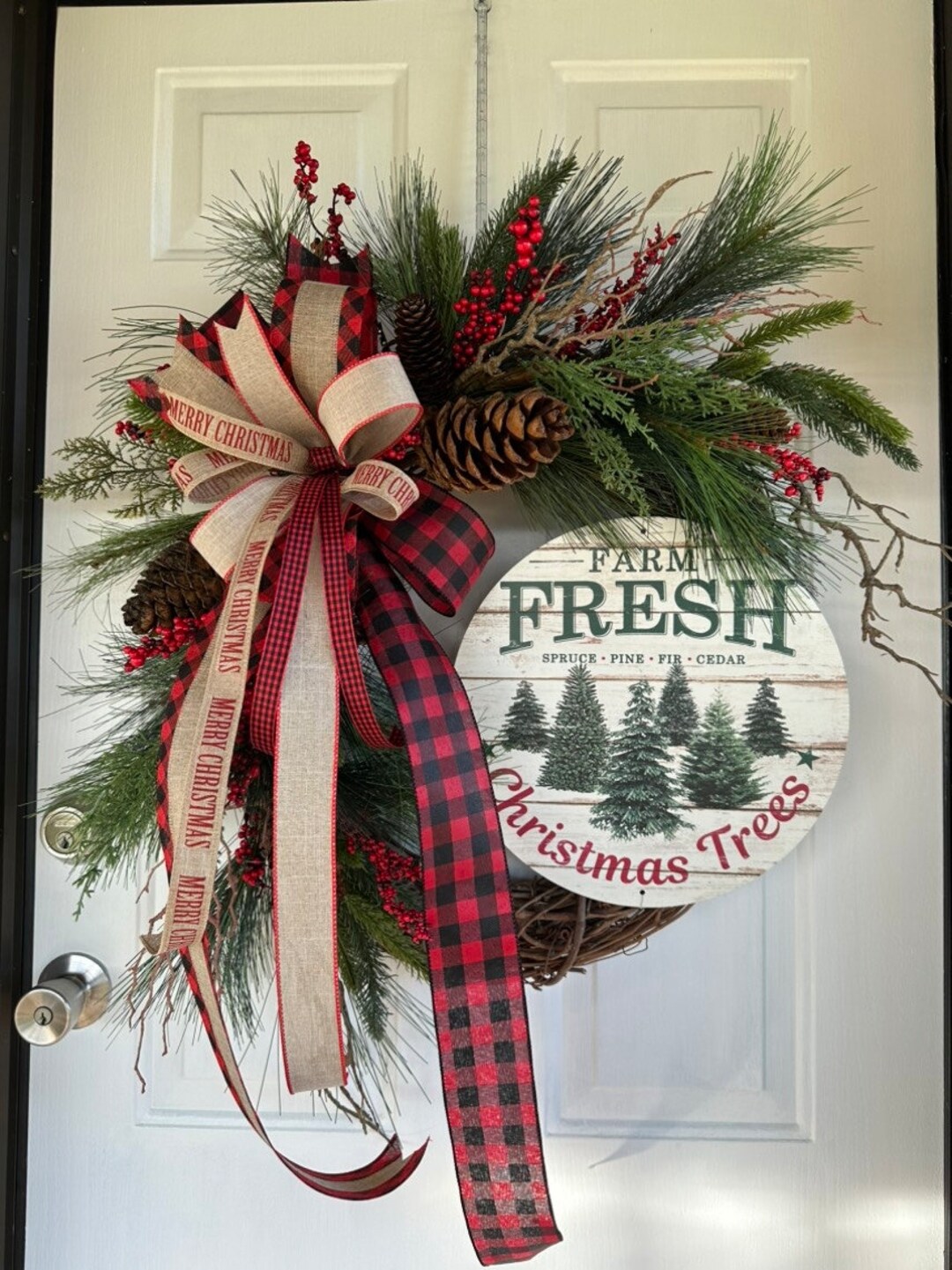 Christmas Wreath With Farm Fresh Christmas Trees Sign, Evergreen ...
