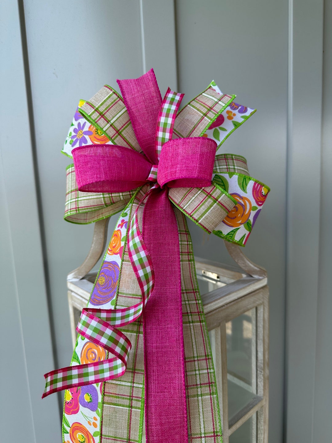 Spring and Summer Fushia and Tan Wreath Bow, Floral and Plaid Country ...
