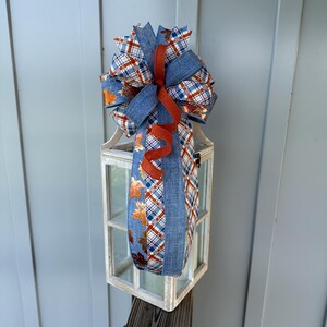Fall Copper Maple Leaf Bow in Denim Blue Rust & Ivory, Plaid Bow for ...