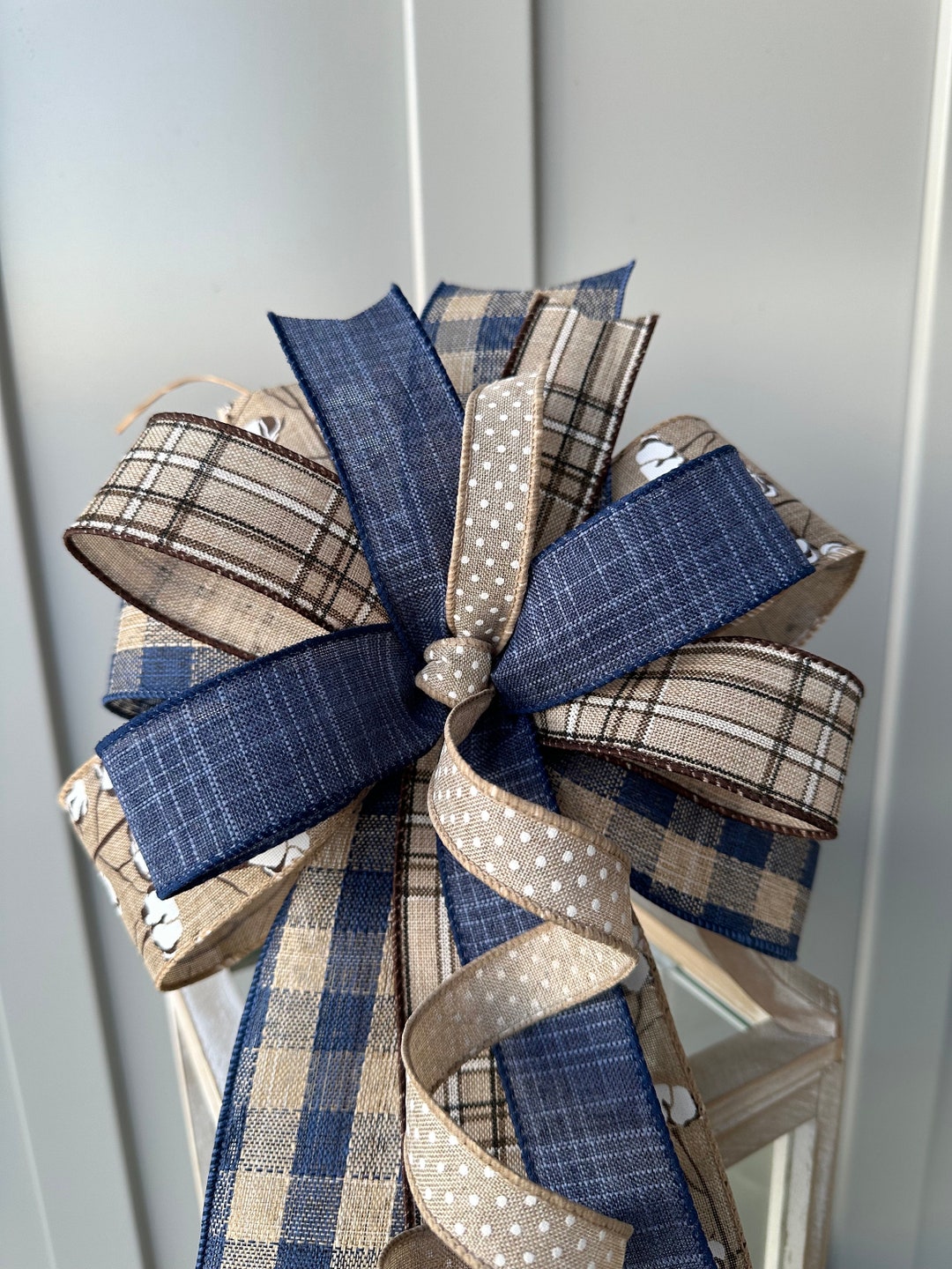 Blue & Tan Plaid Bow With Cotton Bolls for Wreaths Lanterns Swags ...