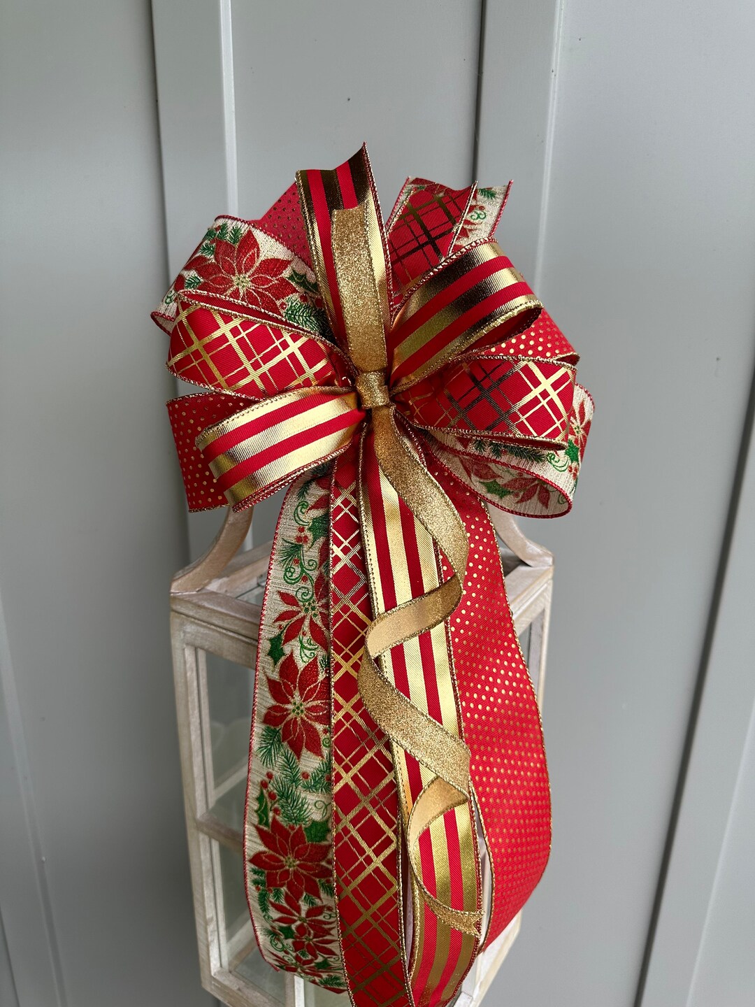 Christmas Bow, Metallic Gold and Red Christmas Poinsettia Bow, Shiny ...