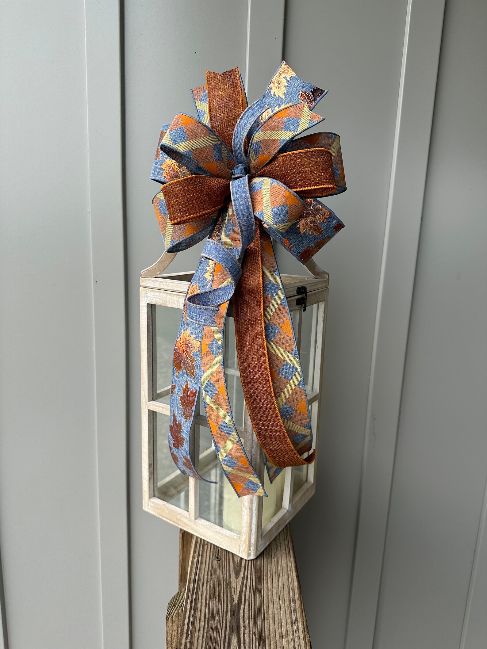 Fall Faded Denim Blue, Rust and Copper Metallic Maple Leaf Bow for ...
