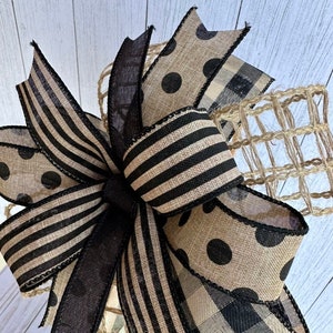Black and Tan Wreath or Lantern Bow, Farmhouse Neutral Bow, Open Weave ...