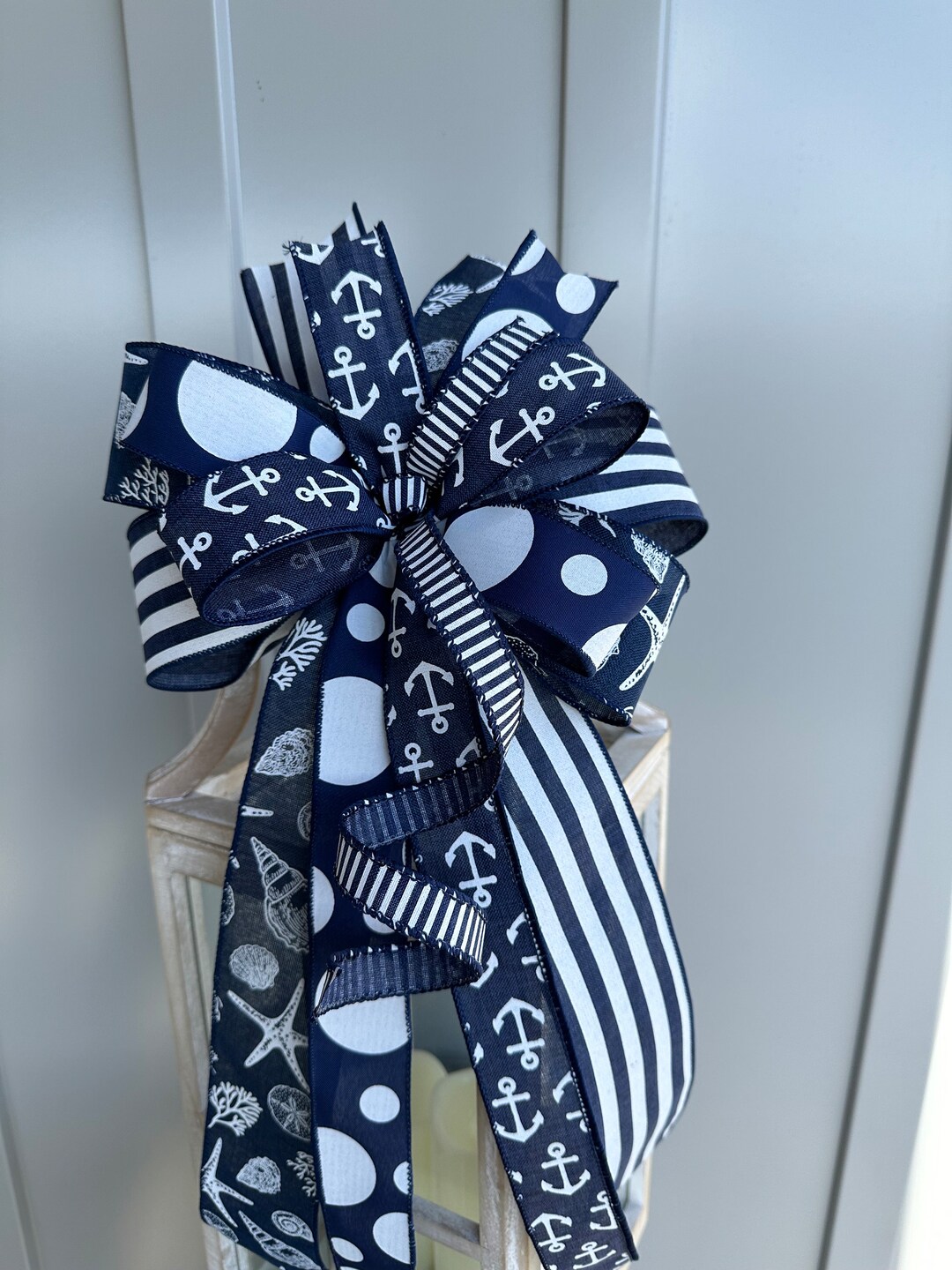 Nautical Bow in Navy Blue and White Anchor Bow, Starfish Sea Shell Bow ...