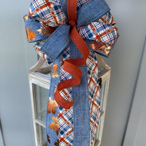 Fall Copper Maple Leaf Bow in Denim Blue Rust & Ivory, Plaid Bow for ...