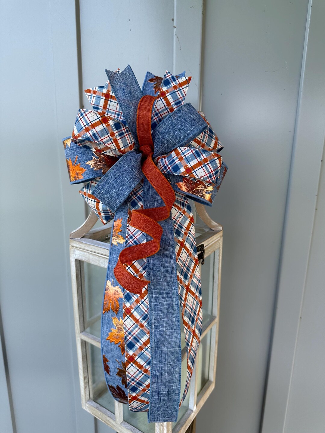 Fall Copper Maple Leaf Bow in Denim Blue Rust & Ivory, Plaid Bow for ...
