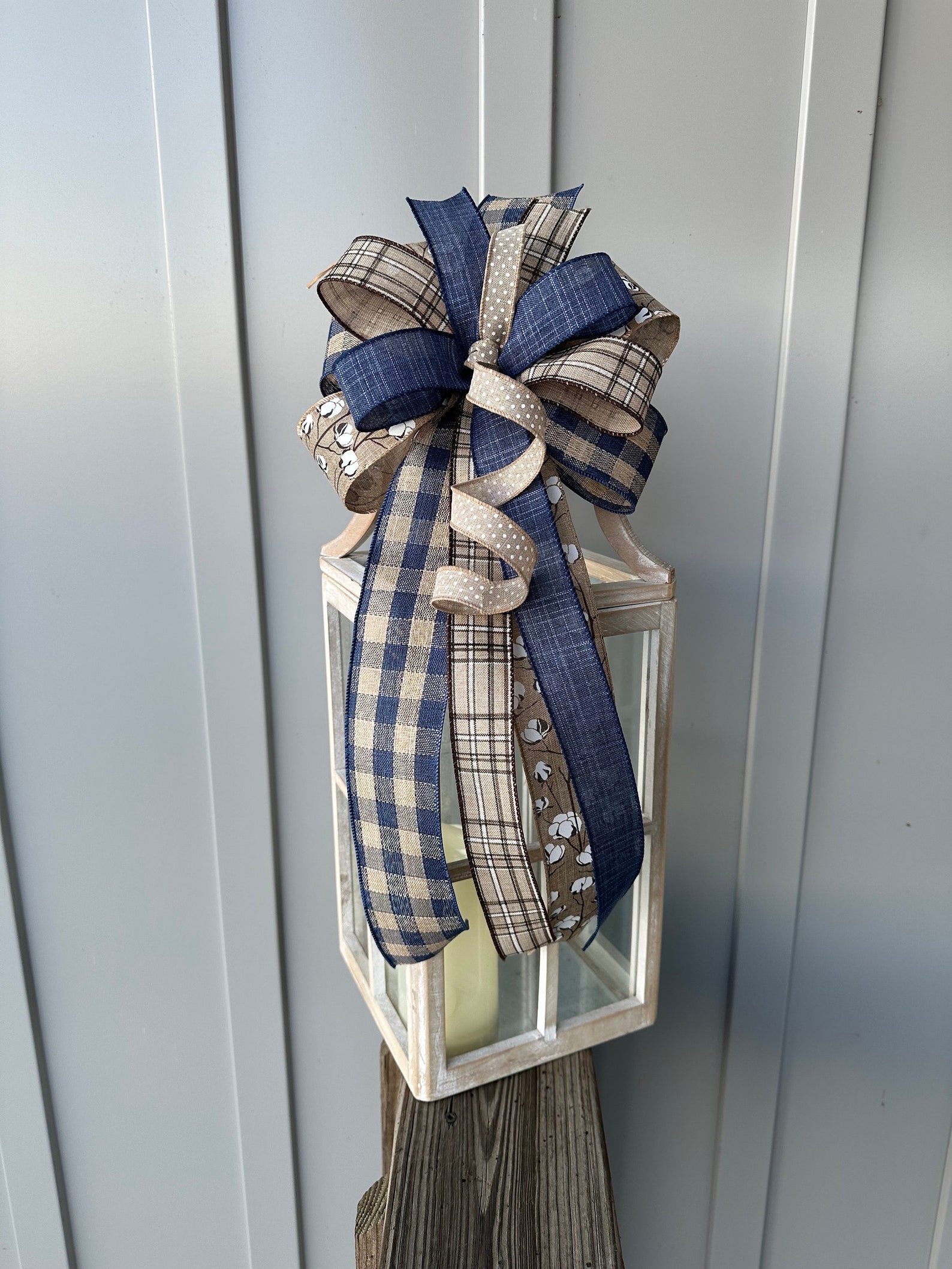 Blue & Tan Plaid Bow With Cotton Bolls for Wreaths Lanterns Swags ...