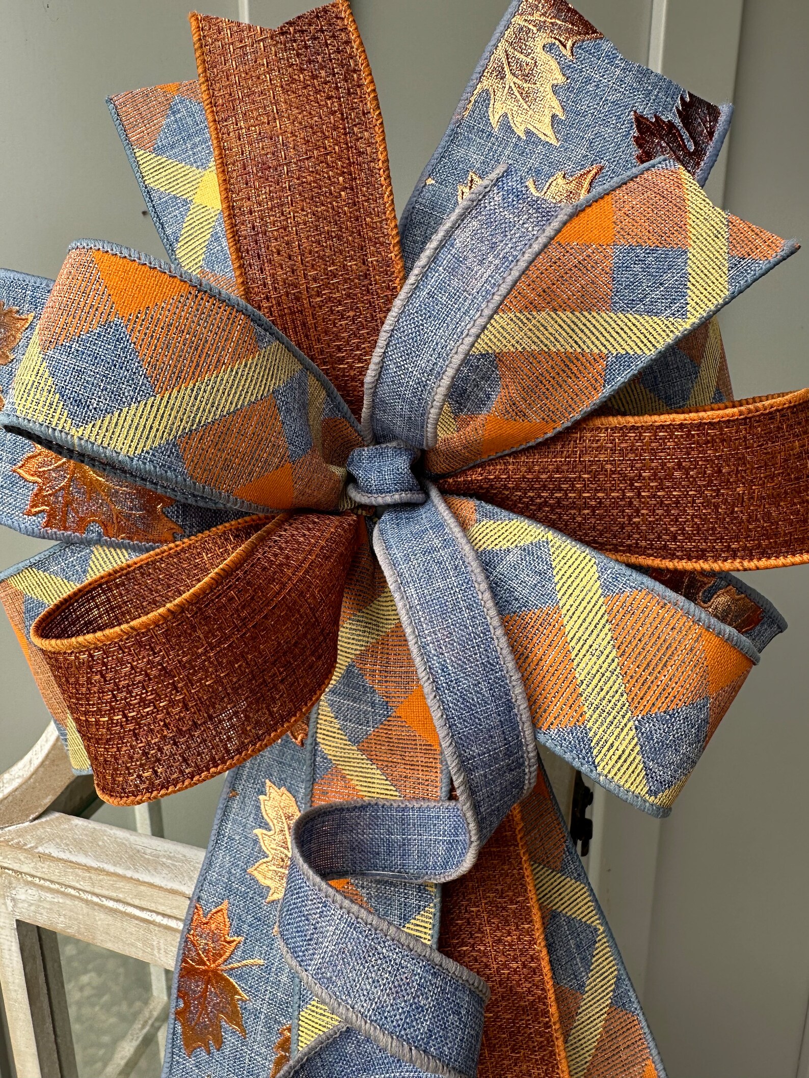 Fall Faded Denim Blue, Rust and Copper Metallic Maple Leaf Bow for ...