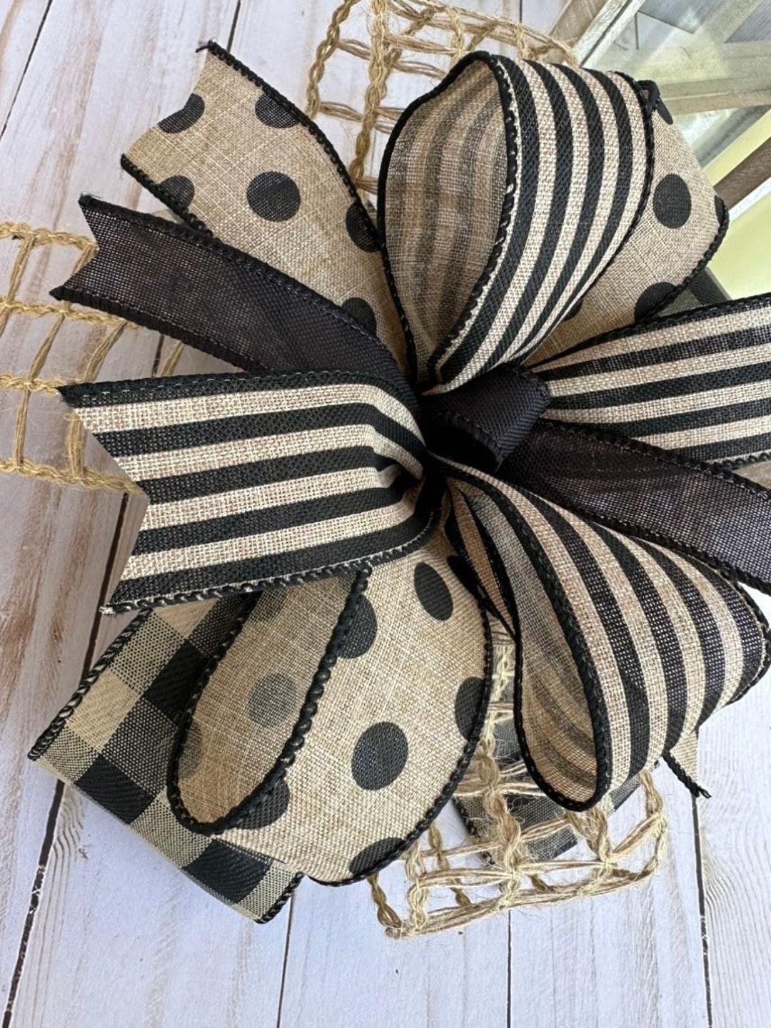 Black and Tan Wreath or Lantern Bow, Farmhouse Neutral Bow, Open Weave ...