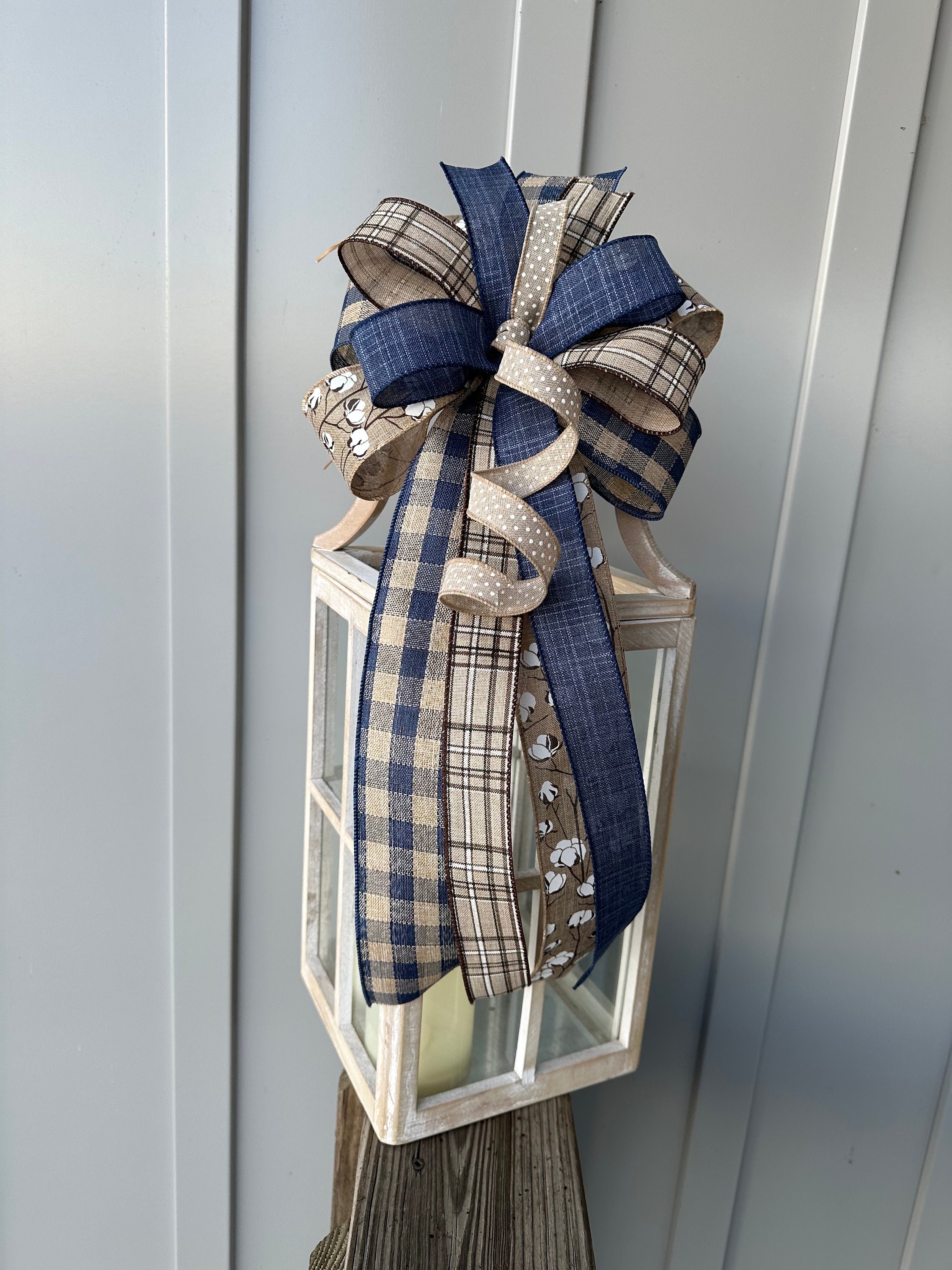 Blue & Tan Plaid Bow With Cotton Bolls for Wreaths Lanterns Swags ...