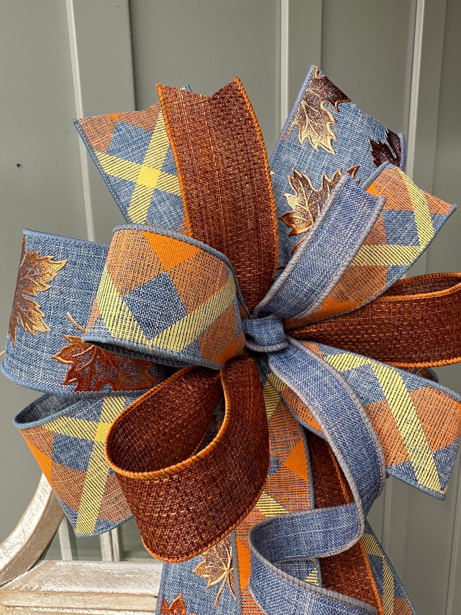 Fall Faded Denim Blue, Rust and Copper Metallic Maple Leaf Bow for ...