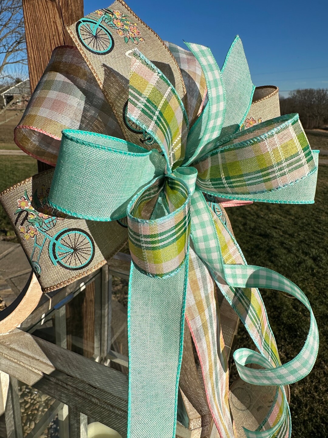 Spring and Summer Aqua and Tan Welcome Wreath Bow, Country Farmhouse ...