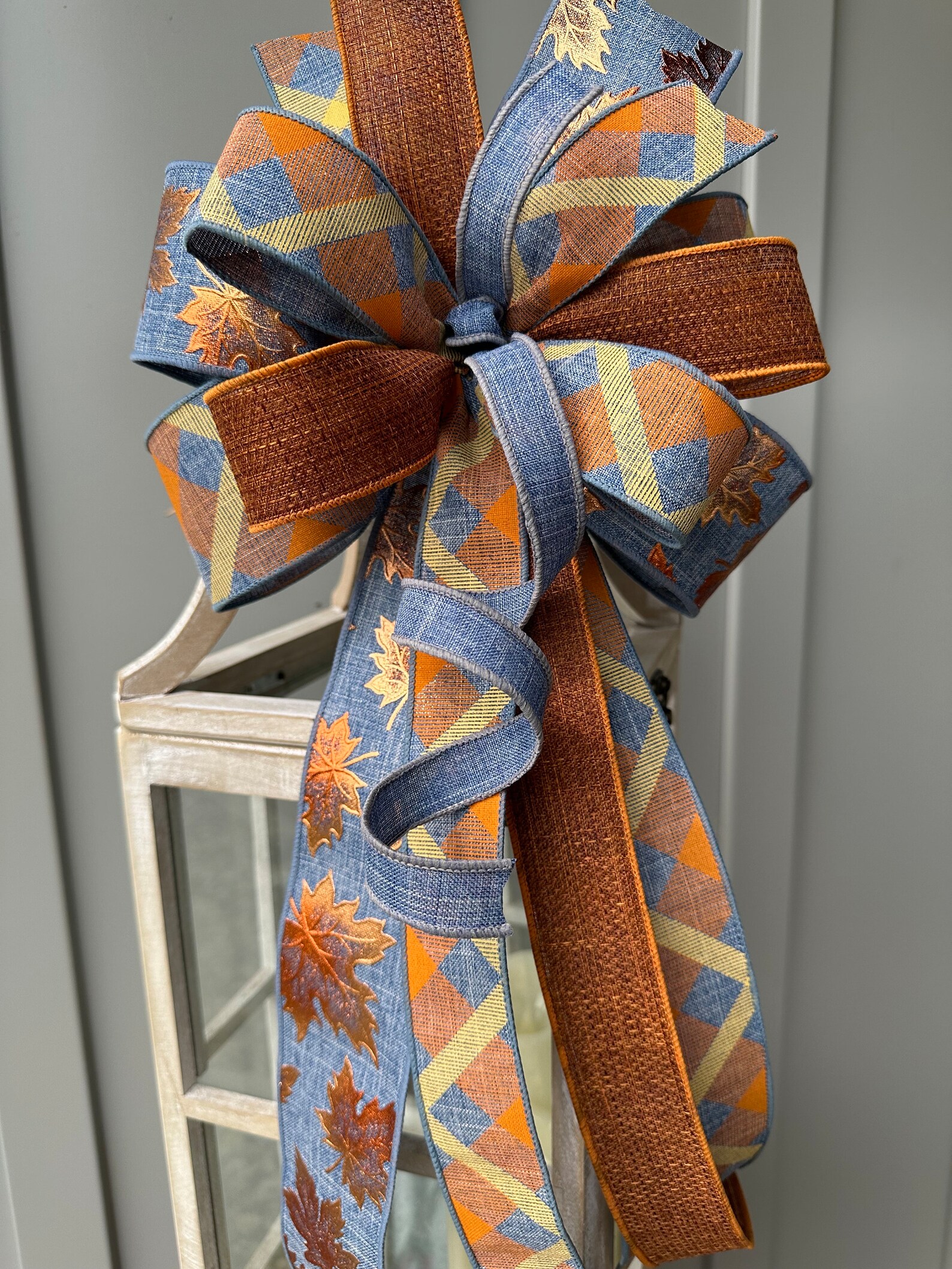 Fall Faded Denim Blue, Rust and Copper Metallic Maple Leaf Bow for ...