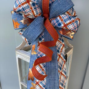 Fall Copper Maple Leaf Bow in Denim Blue Rust & Ivory, Plaid Bow for ...