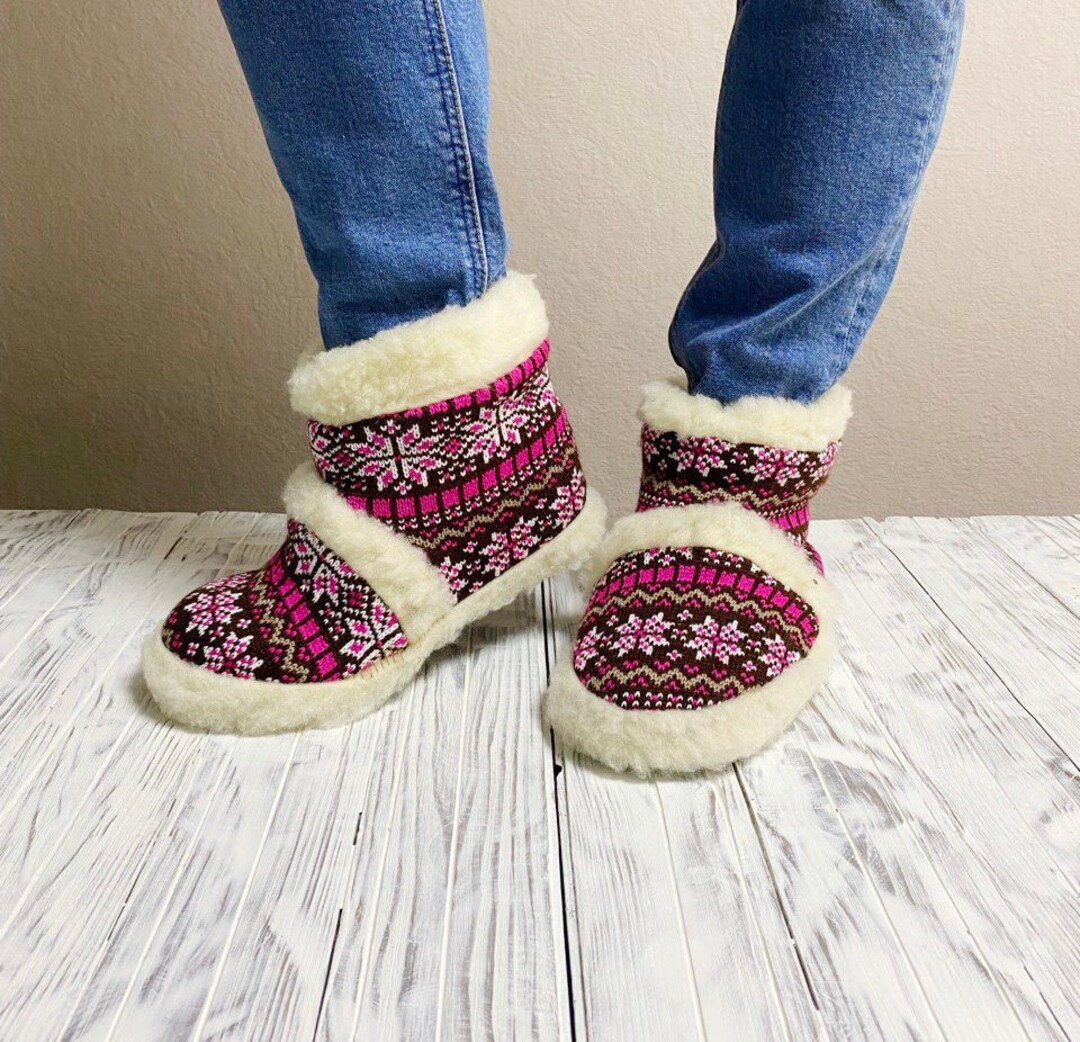 Sheepskin Slippers, Crochet Slippers, Warm House Shoes, Winter Slipper ...