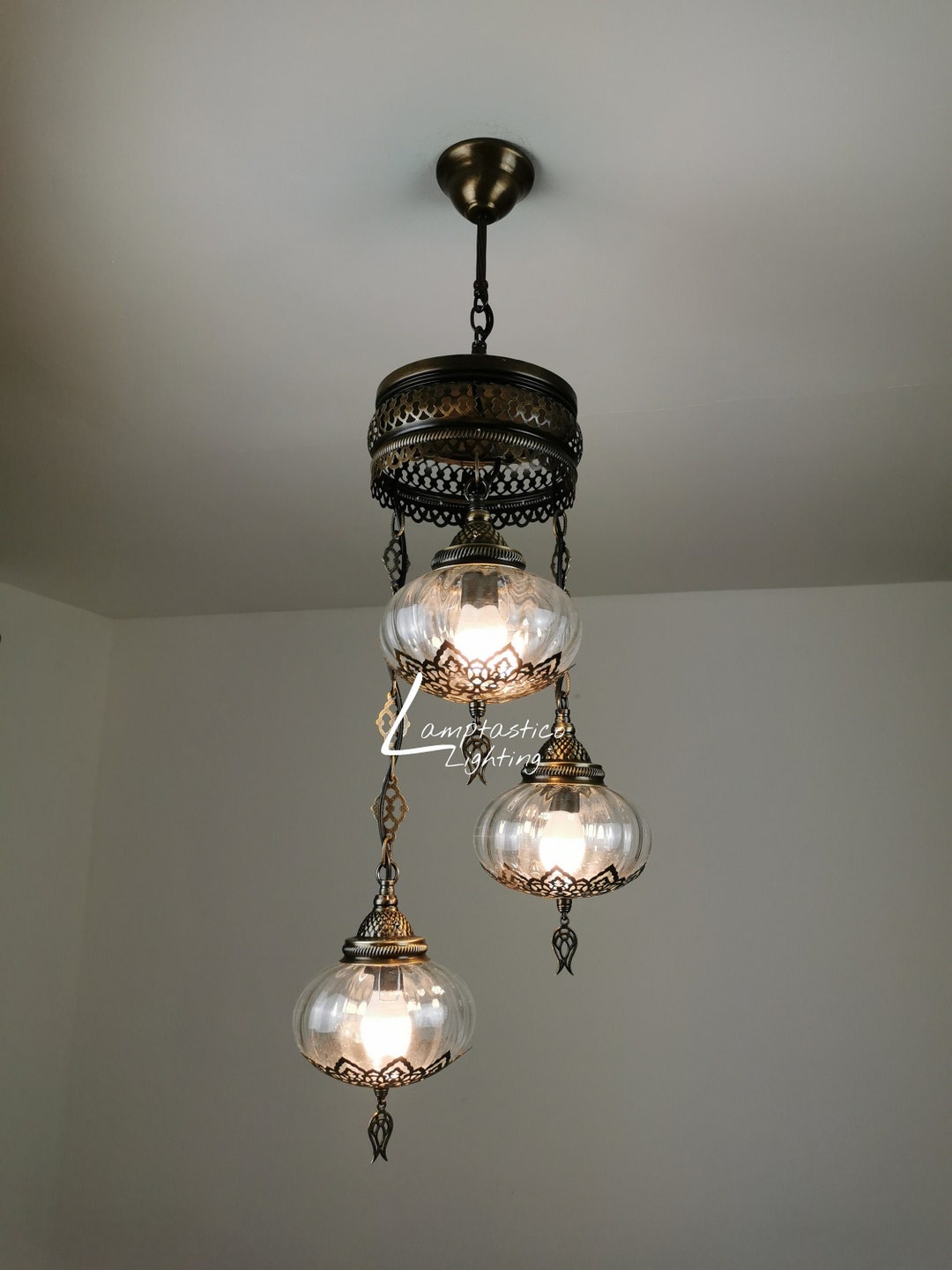Free UK/EU Led Bulbs Turkish Clear Ribbed Glass Chandelier Brushed ...