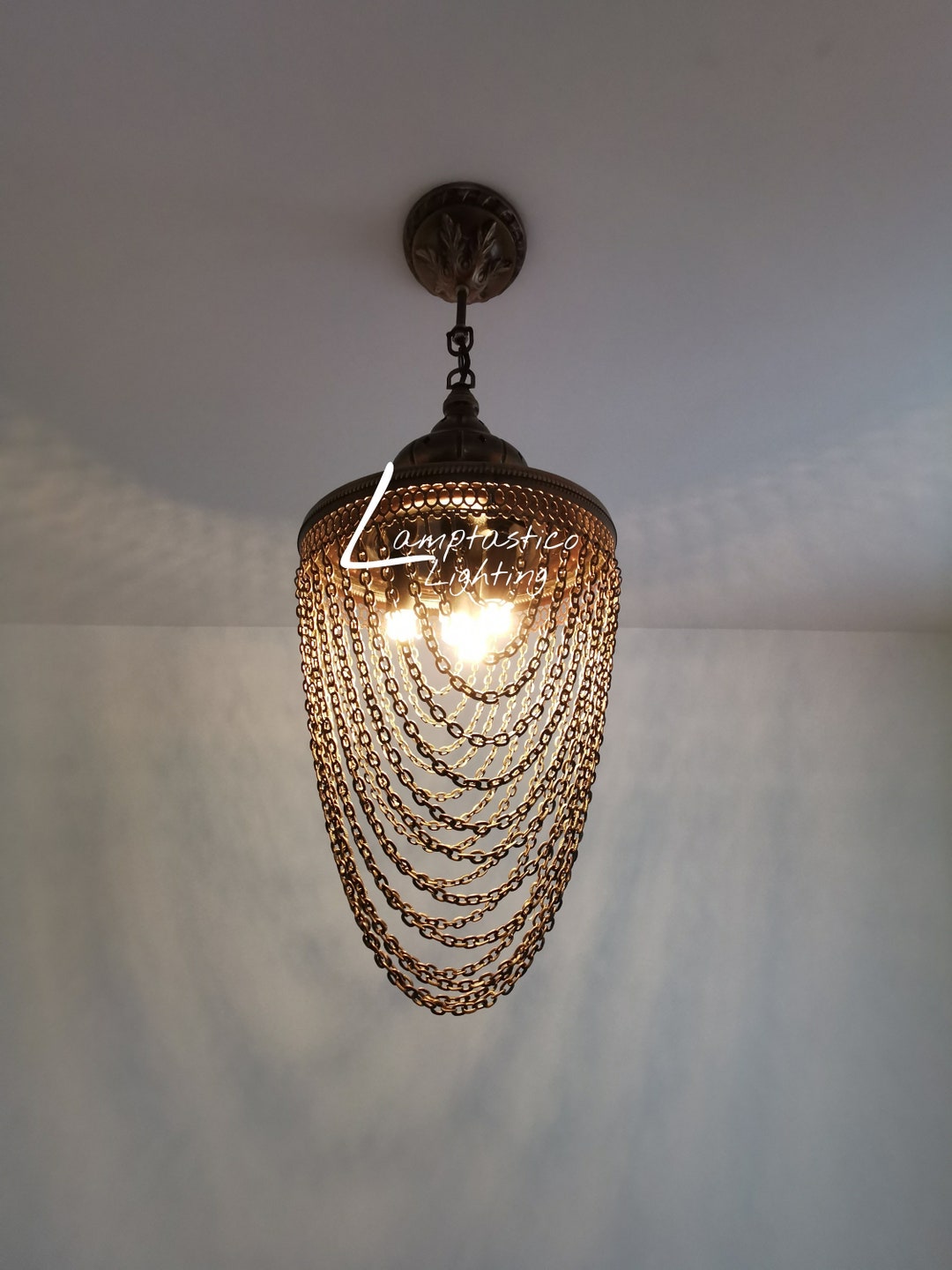 4 light Metal Chain Chandelier Brass Finish, Statement Lighting, Dining ...