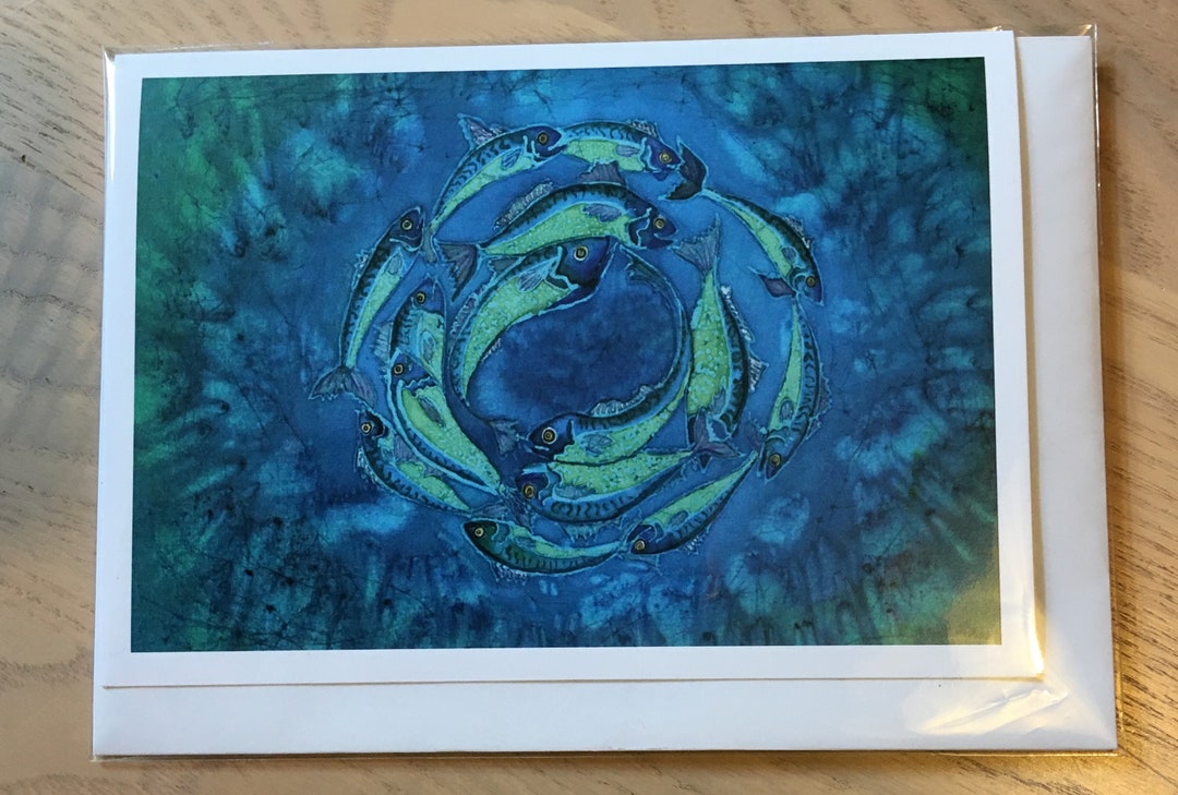 Vortex of Fishes Batik Print Notecard With Envelope (single) / Green ...