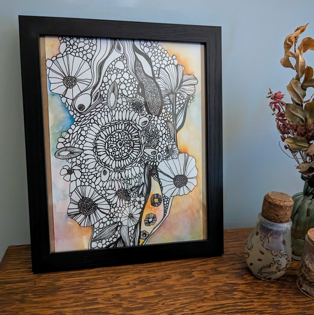 Bubble Flower Abstract - Framed Pen and Ink - Etsy