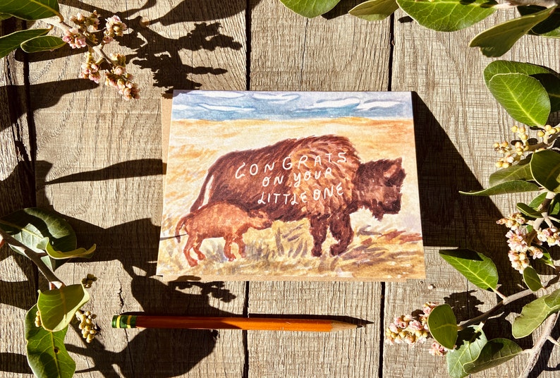 Bison Buffalo Baby Western Prairie Handmade Painted Greeting Card - Etsy