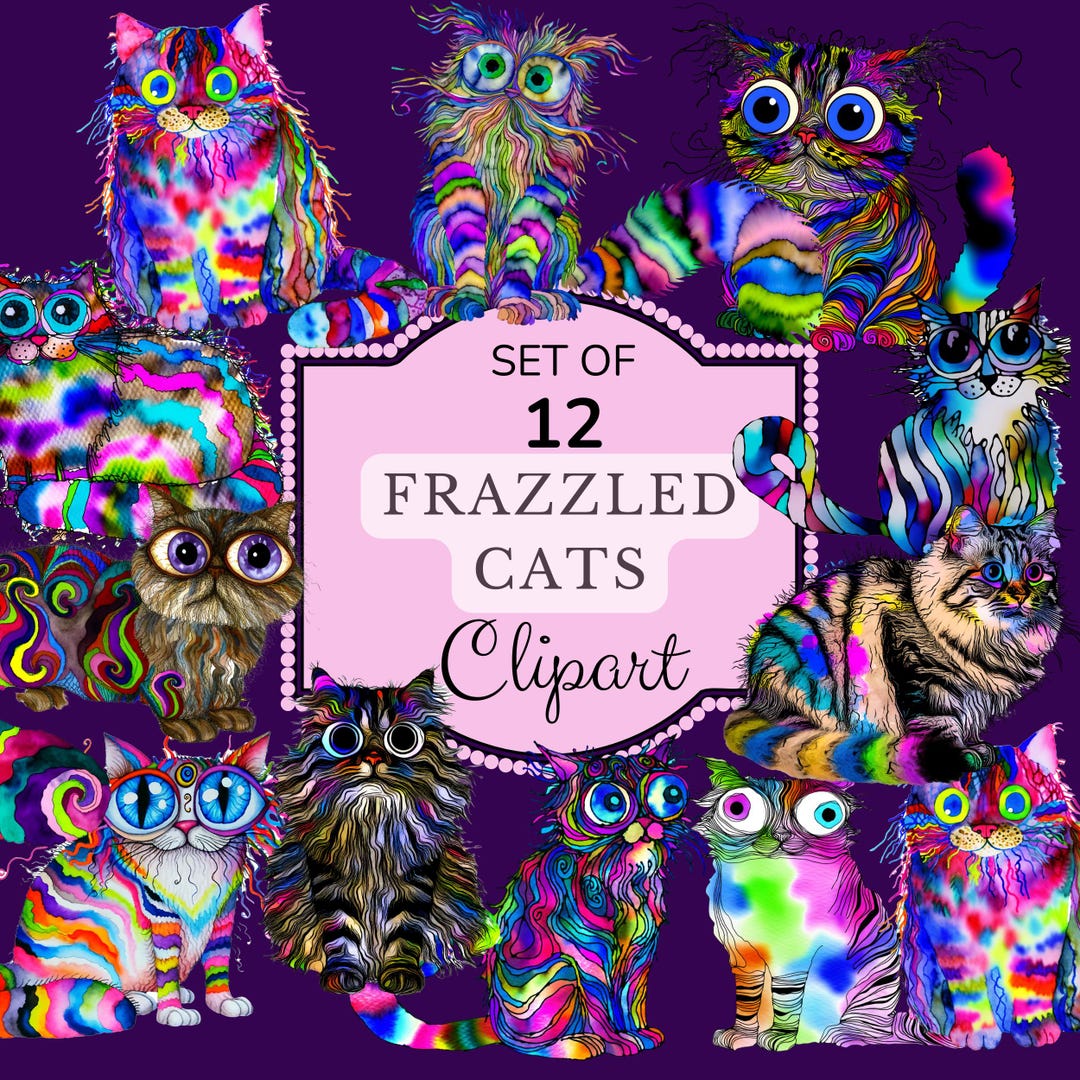 Funny Quirky Cat Clipart Bundle, Frazzled Cats PNG Set, Printable ...