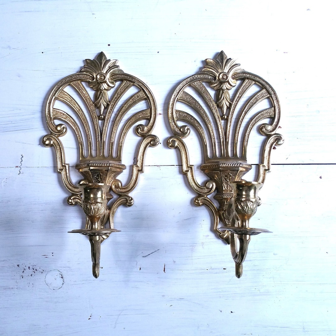 Ornate Pair Metal Candle Holders Sconces Vintage Scrollwork Wall ...